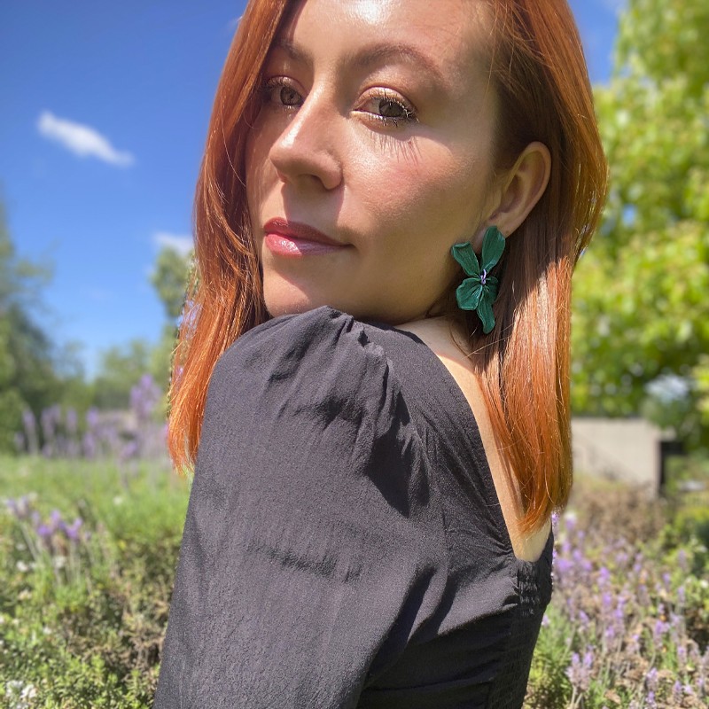 Aros Flor Jazmín Verde Esmeralda